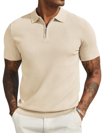 Coofandy Herren Sommer Poloshirt Rei&szlig;verschluss Poloshirts f&uuml;r Herren Kurzarm Casual Strick Polo Shirt M&auml;nner Stretch Einfarbig Polohemd Golf T-Shirt Khaki L