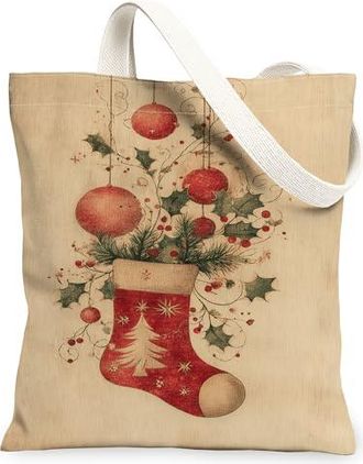 Generic Sacs fourre-tout en toile de No&euml;l, motif vacances vintage, sacs d&eacute;picerie r&eacute;utilisables, rustiques, l&eacute;gers et lavables, Rouge, 13x15 Inch