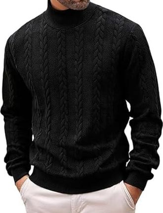 Generic Pull &agrave; col roul&eacute; pour homme, pull tricot&eacute; jacquard &agrave; manches longues, pull d&eacute;contract&eacute; de couleur unie, pull slim fit, Noir, XL