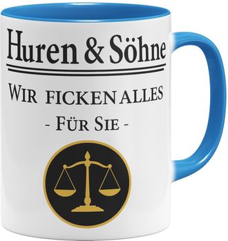 OM3 Anwalt Kaffee-Tasse mit Spruch - Huren & S&ouml;hne - Lustige Jura Spruch f&uuml;r Studenten & Juristen - Keramik Becher - 325ml - Beidseitig Bedruckt - Hellbla