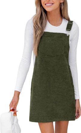 Cupshe Damen Cord Latzkleid &Auml;rmellos Herbst Quadratischer Ausschnitt Hosentr&auml;ger Kn&ouml;pfe Freizeitkleider mit Taschen Mini Dress Olive XL