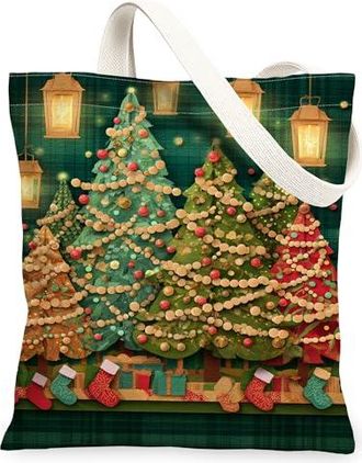 Generic Sac fourre-tout en toile pour sapin de Noël, motif décoration de vacances, sacs à provisions réutilisables, rustiques, légers et lavables, vert, 13x15