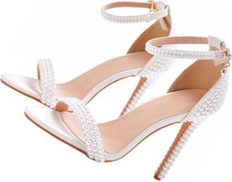 Hemoton Escarpins &agrave; Talons Hauts Blancs Orn&eacute;s de Perles Sandales &agrave; Bout Ouvert Talon de 11 CM Taille 35 Chaussures &Eacute;l&eacute;gantes pour Mariage et C&eacute;r&eacute;monie