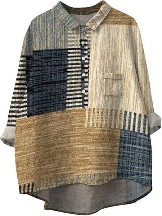 Generic Chemises à manches longues pour femme - Chemisier 2024 - En coton et lin - Imprimé floral - Chemise à revers pour femme - Hauts de Noël, jaune, 3XL