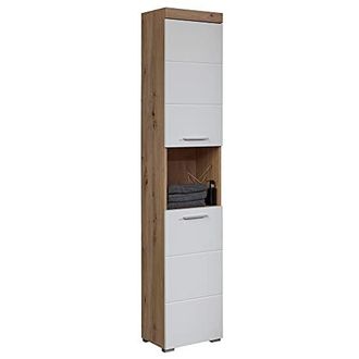 Trendteam Amanda - Hochschrank - Eiche/Wei&szlig; Hochglanz - Badezimmerschrank mit 2 h&ouml;henverstellbaren Einlegeb&ouml;den - (BxHxT) 37 x 190 x 31 cm - Badschrank mit 4 F&auml;
