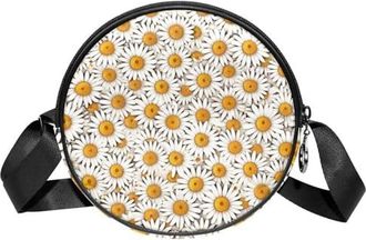 Generic Petit sac &agrave; bandouli&egrave;re rond pour femme, imprim&eacute; marguerites vintage, sac &agrave; dos avec fermeture &eacute;clair, bretelles r&eacute;glables, sac &agrave; main rond d&eacute;contract