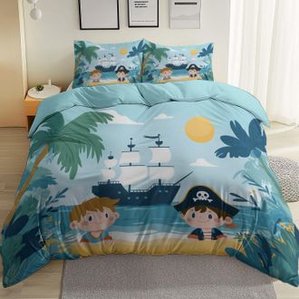 Generic Bettbezug-Set Cartoon Strand Piraten Segelboot Bedrucktes Weiches Atmungsaktiv Mikrofaser-Bettw&auml;sche-Set 80x80cm Kissenbezug Hellblau F&uuml;r Erwachsene K