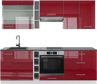 Vicco Küchenzeile Fame-Line, Bordeaux Hochglanz/Weiß, 235 cm ohne Arbeitsplatte
