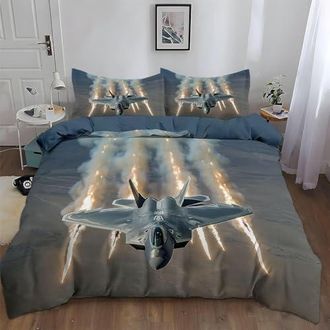 Generic Housse de Couette 90x190 Avion de Chasse Parure de Lit 3D Imprim&eacute;e Microfibre Gar&ccedil;On Adolescent Housse Couette 1 Personne avec Fermeture &eacute;clair + 2 Ta