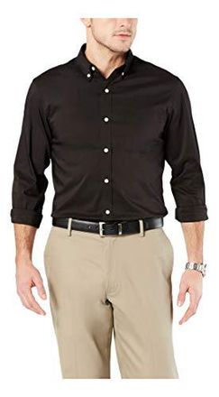 Dockers Chemise à Manches Longues Signature Comfort Flex (Standard Grand) Bouton Bas, Noir-Uni, L Homme