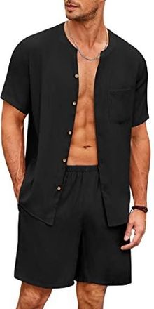 Ekouaer Ensembles de Pyjama Homme Et&eacute; Coton Conjuntos de Pijama Loisir Respirant Pantalones de Pijama Doux avec Patte de Boutonnage, Noir, XXL