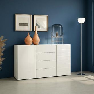 Dmora Kommode Libreville, Wohnzimmerbuffet, Wohnzimmer-Sideboard, Moderne K&uuml;chen-Speisekammer, Made in Italy, 140x38h92 cm, Gl&auml;nzendes Wei&szlig; und Anthrazit