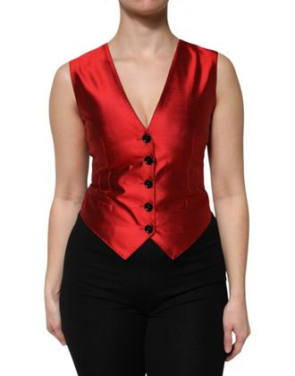 Dolce & Gabbana Womens Red Black Button Down Sleeveless Vest Top And Silk Elastane