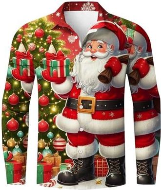 Generic Chemises de Noël pour homme - Imprimé Père Noël amusant - Bonhomme de neige - Chemise de Noël moche - Renne, élan, graphique 3D - Haut à manches longu