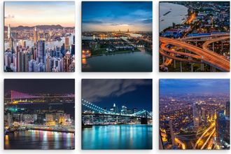 Paul Sinus Art 6 teilige Moderne Bilderserie je 20x20cm - New York Nacht Wolkenkratzer Amerika