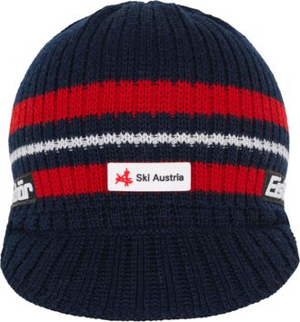 Eisb&auml;r Pauli Ski Austria Cap blau - Strickm&uuml;tze mit Schild, Merino-Mix (mulesingfrei), Kuscheligem Fleeceband & Offiziellem Ski Austria Logo - Retro-Design f