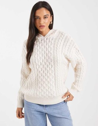 Cotton On Oversize-Kapuzenpullover in Porzellanwei&szlig; mit Zopfmuster