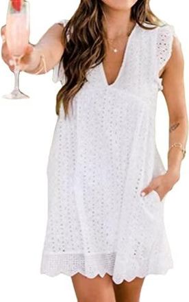 Onsoyours Robe DÉté pour Femmes Tenue Décontractée avec Short Intégré Élégante Col en V À Manches Volantées Creuse Dentelle Jacquard Couleur Unie Robe Ample ave