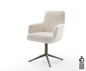 DELIFE Drehstuhl Heira-Flex mit Armlehnen Pl&uuml;sch Creme-Wei&szlig; Fu&szlig;kreuz Effektfinish Titan 360&deg; drehbar Wippfunktion Taschenfederkern, Esszimmerst&uuml;hle