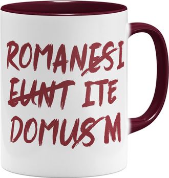 OM3 lustige Latein Kaffee-Tasse mit dem lateinischen Spruch - Romani ite Domum - Zitat - Keramik Becher - 325ml - Beidseitig Bedruckt - Bordeaux