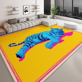 Generic Tapis Jaune Moutarde Lavable pour Salon, Tapis &agrave; Poils Courts Antid&eacute;rapant Psych&eacute;d&eacute;lique Minimaliste Animaux Tigres pour Enfants Bureau Salle &agrave; Manger