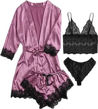 Generic Ensemble De Pyjama Femme Coton Robe De Chambre Satin Manches Longues Douceur Pyjama Femme Coton Hiver Pas Cher Pyjama Femme Hiver Coton Lingerie Sexy 