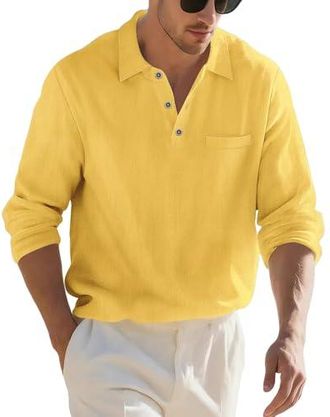 Generic Chemises &agrave; manches longues en coton et lin pour homme - Haut d&eacute;t&eacute; boutonn&eacute; - Col &agrave; revers - Grande taille - Doux et respirant - Costume de sport pour 