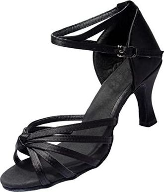 Minkissy Chaussures de Danse Latine Femme Satinées Talons Noués Élégants Noir pour Salon et Banquet