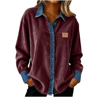 Generic Chemise en Denim Patchwork Femme Confortable Manches Longues Pull-Over Col Rond Couleur Unie Top Haut Streetwear Grandes Tailles Vetement pour Automne