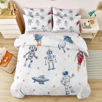 Generic Bettbezug Set Zeichentrickfilme Weltraum Roboter 135 cm X 200 cm - 3-Teiliges Mikrofaser Bettw&auml;sche Set Inklusive 2 Kissenbez&uuml;ge - Wei&szlig; Weich, Pflegel