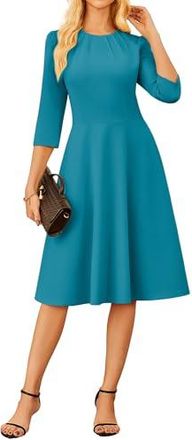 Grace Karin Robe longue d&eacute;t&eacute; &eacute;l&eacute;gante pour femme - Col rond - Manches 3/4 - Coupe ajust&eacute;e - Ligne A - Robe midi, cyan, S