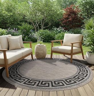 Tapiso Melissa Rond Tapis Ext&eacute;rieur Int&eacute;rieur Terrasse Balcon Salon Cuisine Moderne Marron Beige Noir Mouchet&eacute; Bord&eacute; Zigzag Aspect Sisal R&eacute;sistant aux Intemp
