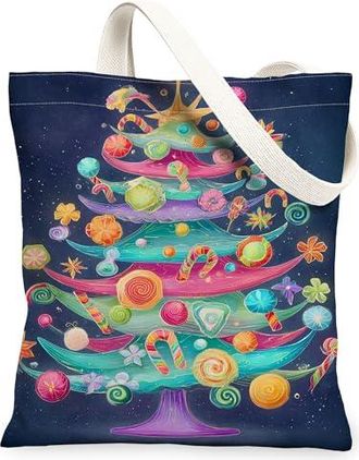 Generic Sacs fourre-tout artistiques en toile motif sapin de No&euml;l, sacs d&eacute;picerie r&eacute;utilisables, vintage, l&eacute;gers, lavables, multicolore, 13x15 Inch