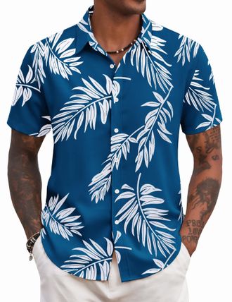 Coofandy Hawaii Hemd Männer Leichtes Sommerhemd Hemd Herren Kurzarm Herrenhemd Freizeithemd Strandhemd Urlaubshemd Sommer Kurzarmhemd Marineblau & Palmblatt M
