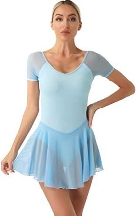 dPois Tutu Robe Danse Classique Femme Manche Courte Justaucorps Gymnastique Ballet Tango Robe Danse Latine Femme Competition Patinage Artistique Leotard Dan