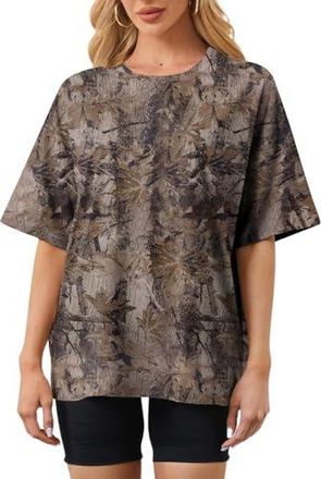 Generic Chemises camouflage pour femmes et hommes, hauts surdimensionn&eacute;s imprim&eacute;s feuilles d&eacute;rable, v&ecirc;tements de rue d&eacute;contract&eacute;s d&eacute;t&eacute; &agrave; manches courtes, kaki