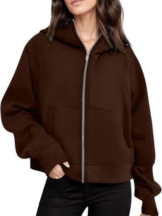 Generic Sweat &agrave; capuche &agrave; poche zipp&eacute;e pour femme - Style sportif et &eacute;l&eacute;gant - Coupe ample - Pour le fitness et les loisirs, caf&eacute;, XL
