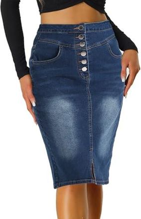 Allegra K Jupes pour femmes, jupe en jean décontractée, taille haute, fente sur le devant, jupe crayon extensible en denim pour femme, noir foncé, 36
