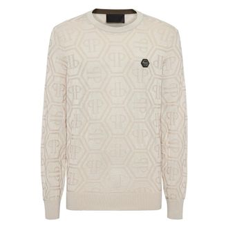 Philipp Plein Homme, Pulls, Beige, Taille: 5XL Pullover Round Neck Monogram