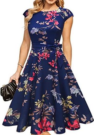 Dresstells Dresstells Robe de cocktail mi-longue pour femme Style r&eacute;tro rockabilly ann&eacute;es 1950 Robe &eacute;l&eacute;gante pour un mariage - Bleu - 42