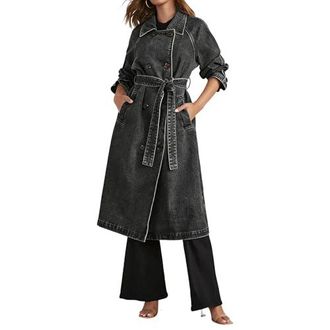 Generic Veste longue en jean avec ceinture pour femme - Trench &agrave; manches longues - Style d&eacute;contract&eacute; - Tunique surdimensionn&eacute;e, Noir, XXL