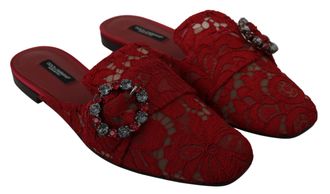 Dolce & Gabbana Womens Red Lace Crystal Slide On Flats Shoes Cotton