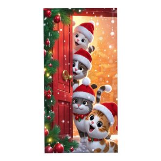 Generico Weihnachtst&uuml;rabdeckung | entz&uuml;ckende wasserdichte Dekoration f&uuml;r Weihnachtst&uuml;r mit Vier Katzen - f&uuml;r Innen/Au&szlig;en/B&uuml;ro/Wohnung/Wohnzimmer/Eingang / / P