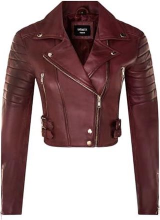 Infinity Leather Veste Courte Pour Dames Bourgogne Body Court Top Gothique Chic Motard Veste en Cuir V&eacute;ritable S