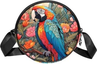 Generic Petit sac &agrave; bandouli&egrave;re rond pour femme, motif perroquet avec fermeture &eacute;clair, bretelles r&eacute;glables, sac &agrave; main rond d&eacute;contract&eacute; pour femmes et filles
