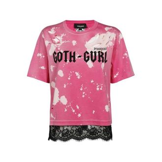 Dsquared2 Femme, Tops, Rose, Taille: 36 FR T-shirt avec bordure en dentelle usée
