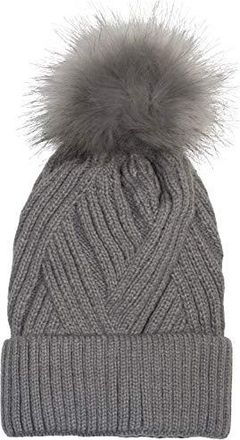 styleBREAKER Bonnet en Maille avec Pompon en Fourrure pour Femmes, orné dun Motif de côtes en Diagonale et dune Doublure en Polaire, Bonnet dhiver, Fausse Fourrure