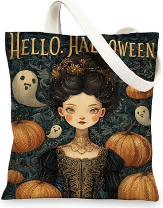 Generic Sacs en toile pour Halloween, motif fantôme effrayant et citrouille, sacs dépicerie réutilisables, vintage, élégants, légers, lavables avec bandoulièr