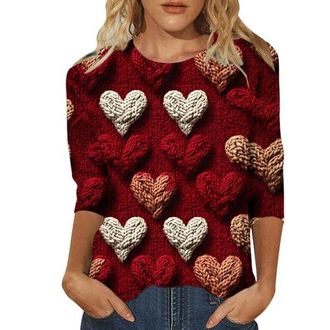 Generic T-shirt tendance &agrave; manches 3/4 pour femme avec imprim&eacute; coeur et &eacute;l&eacute;gant pour la Saint-Valentin 2026, Rouge, L