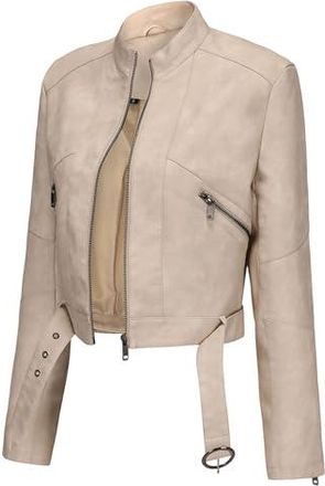 Generic Veste courte en similicuir pour femme - Style d&eacute;contract&eacute; - Vintage - Fermeture &eacute;clair - Col montant - L&eacute;ger, beige, L